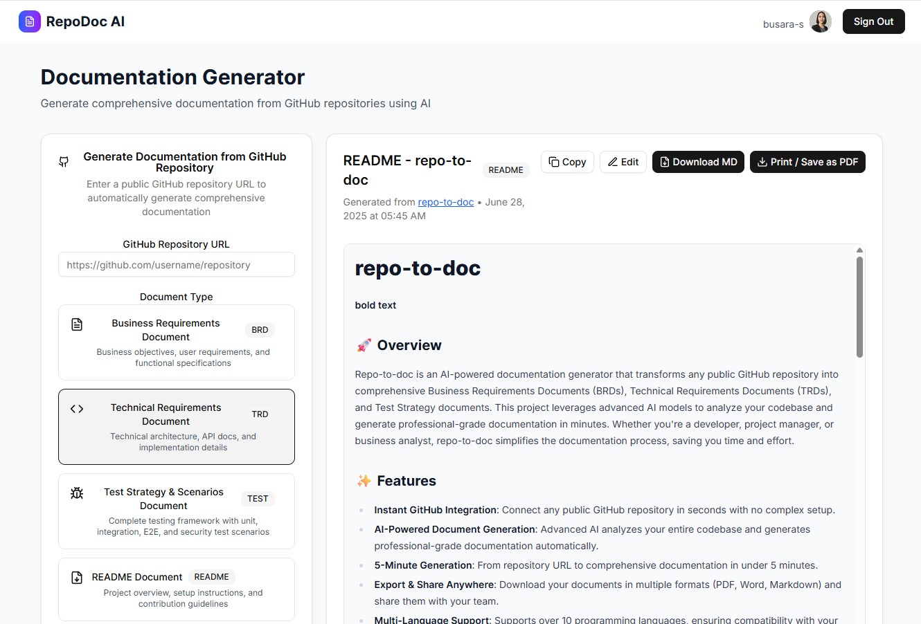 AI GitHub Documentation Generator | BRD, TRD & Test Plans